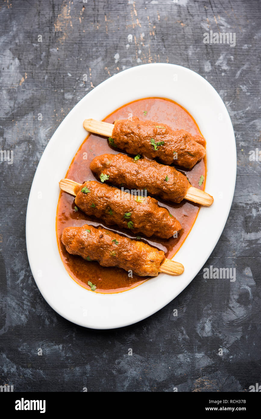 Soya Chaap Curry served in a bowl. Healthy recipe popular in India and ...