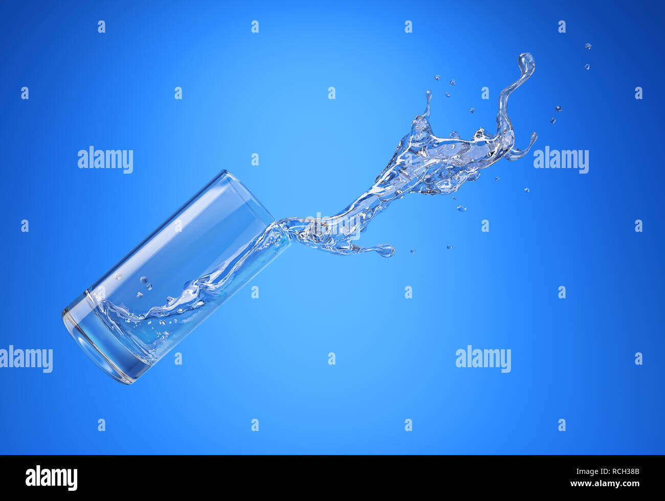 Glass with spilling water splash. Side view. On blue background ...