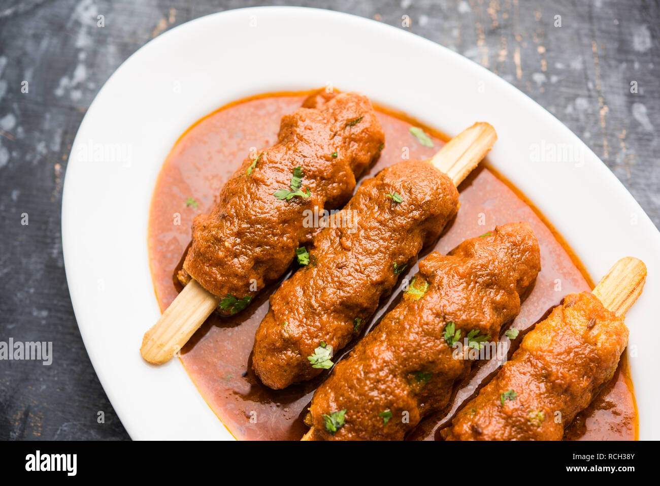 Soya Chaap Curry served in a bowl. Healthy recipe popular in India and ...