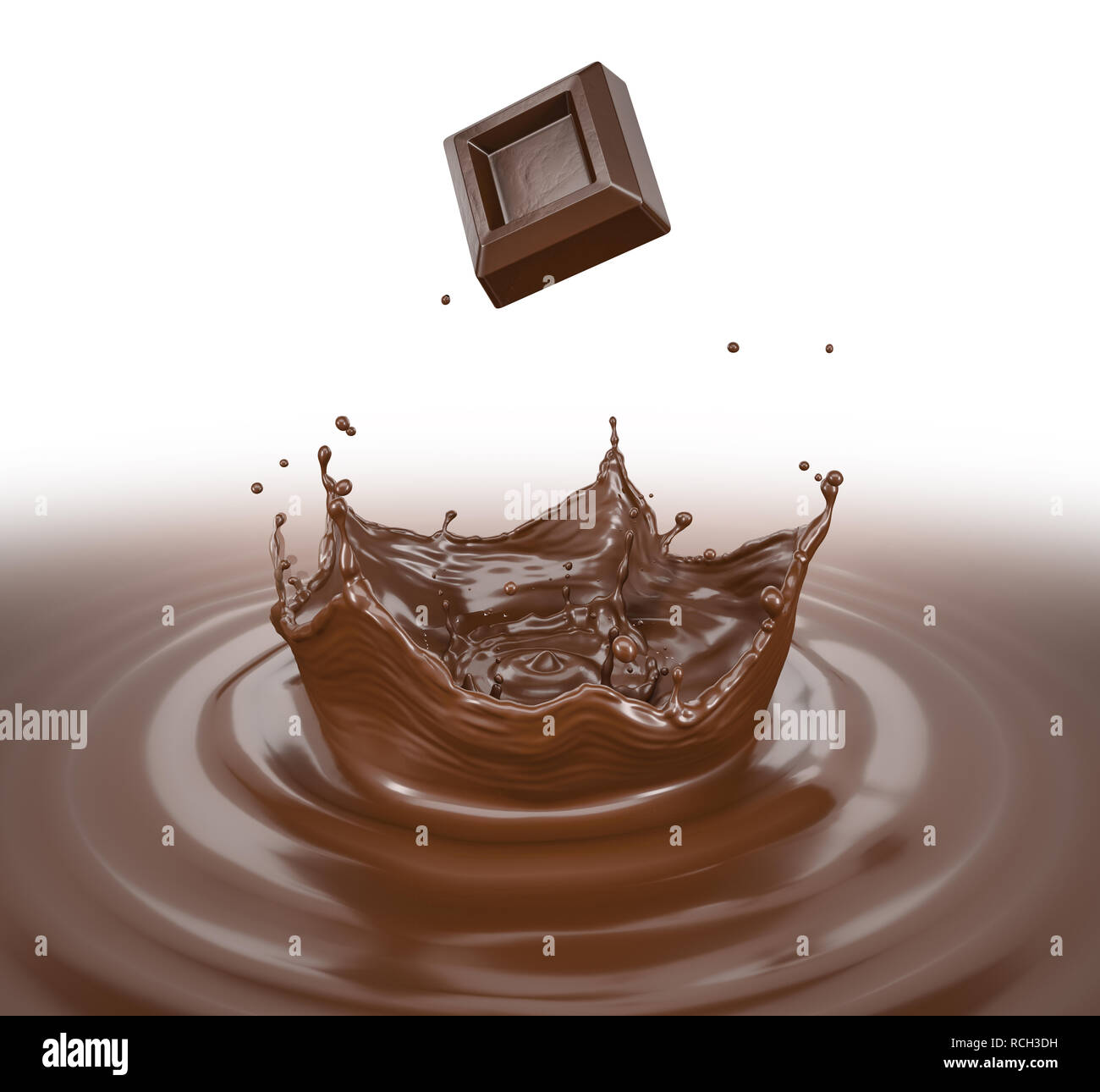 Chocolate cube splashing into a chocolate liquid pool with crown splash ...