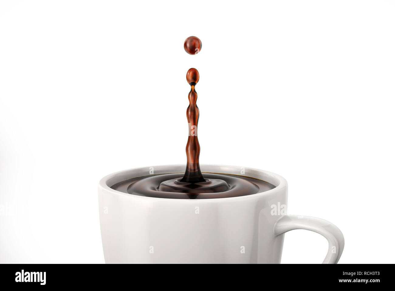 Single drop of coffee splashing into a white cup mug. Close up view ...