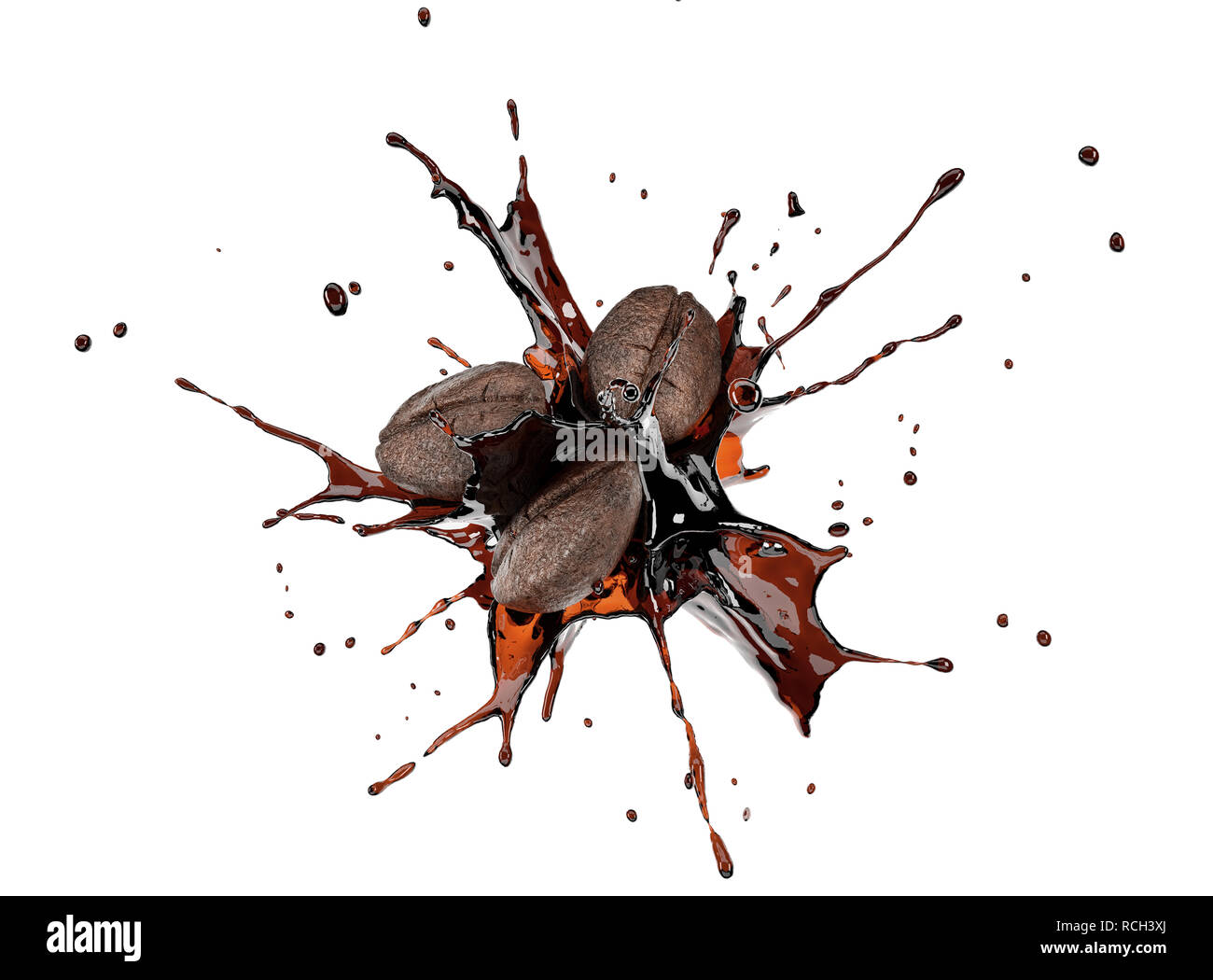 Coffee beans splashing in liquid coffee in the air. Close up view ...