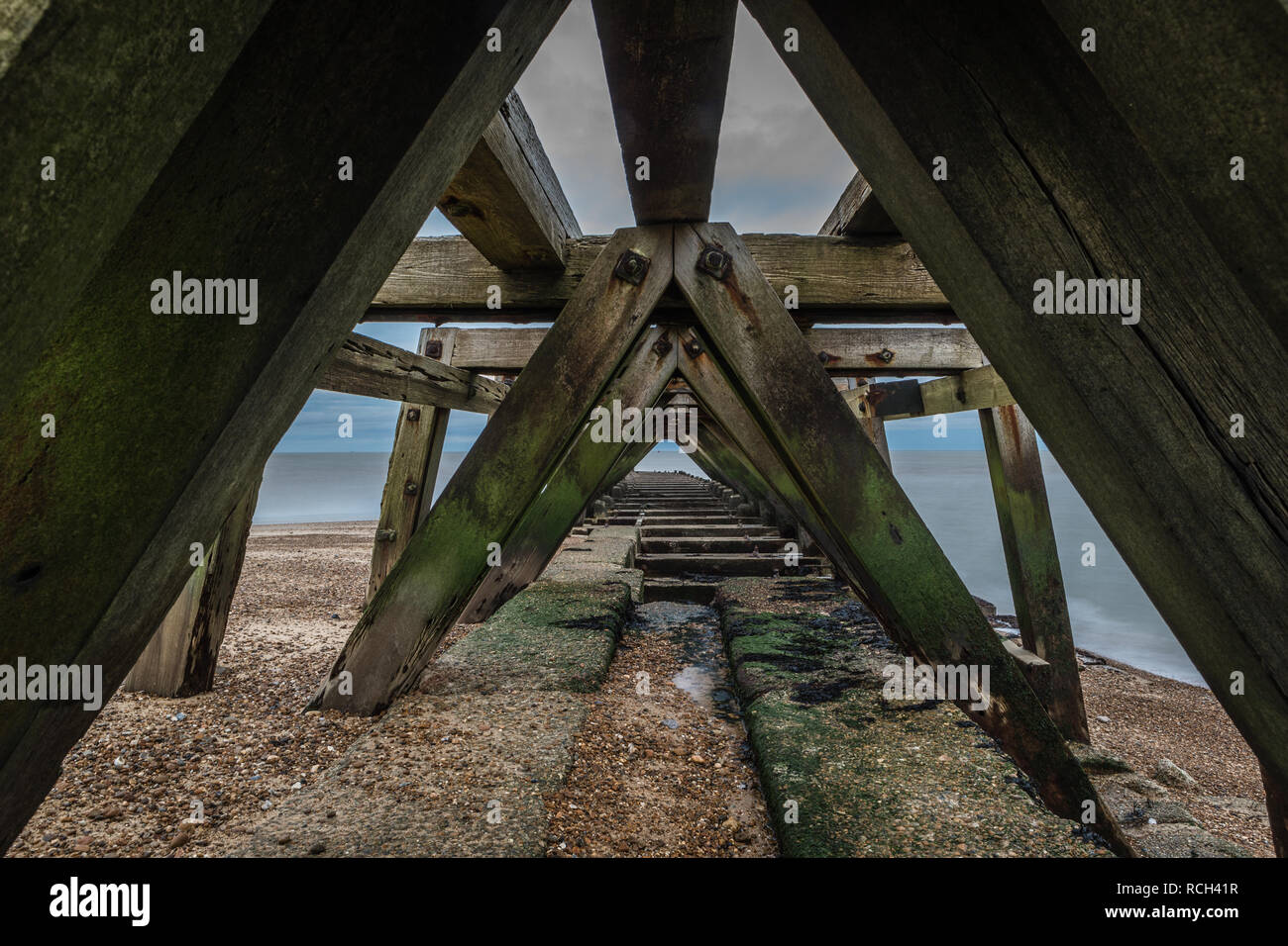 Structure of Old wooden pier, Landguard Point Felixstowe, Suffolk Stock ...