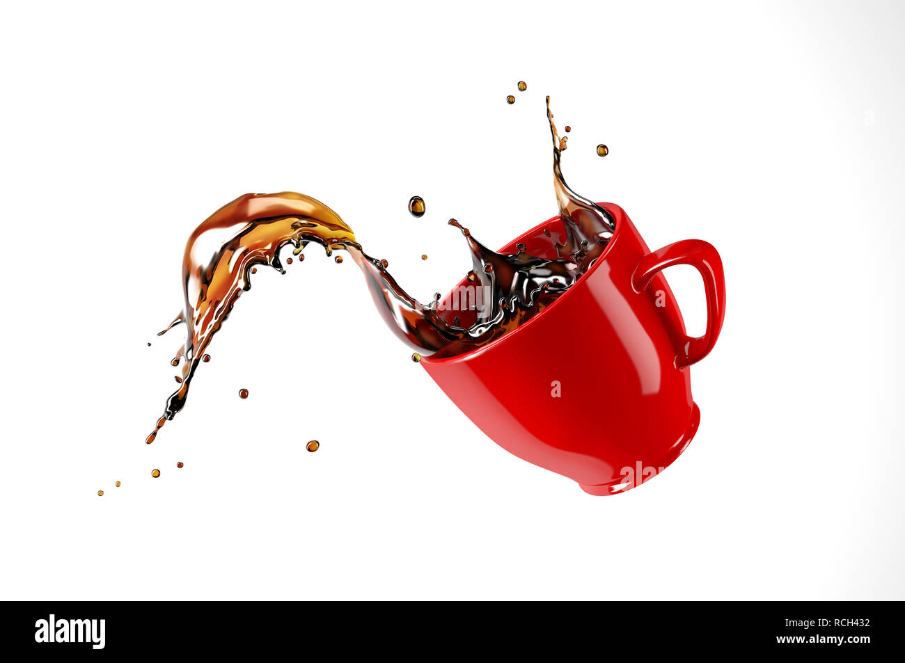 Red cup mug jumping with coffee splash. Isolated on white background ...
