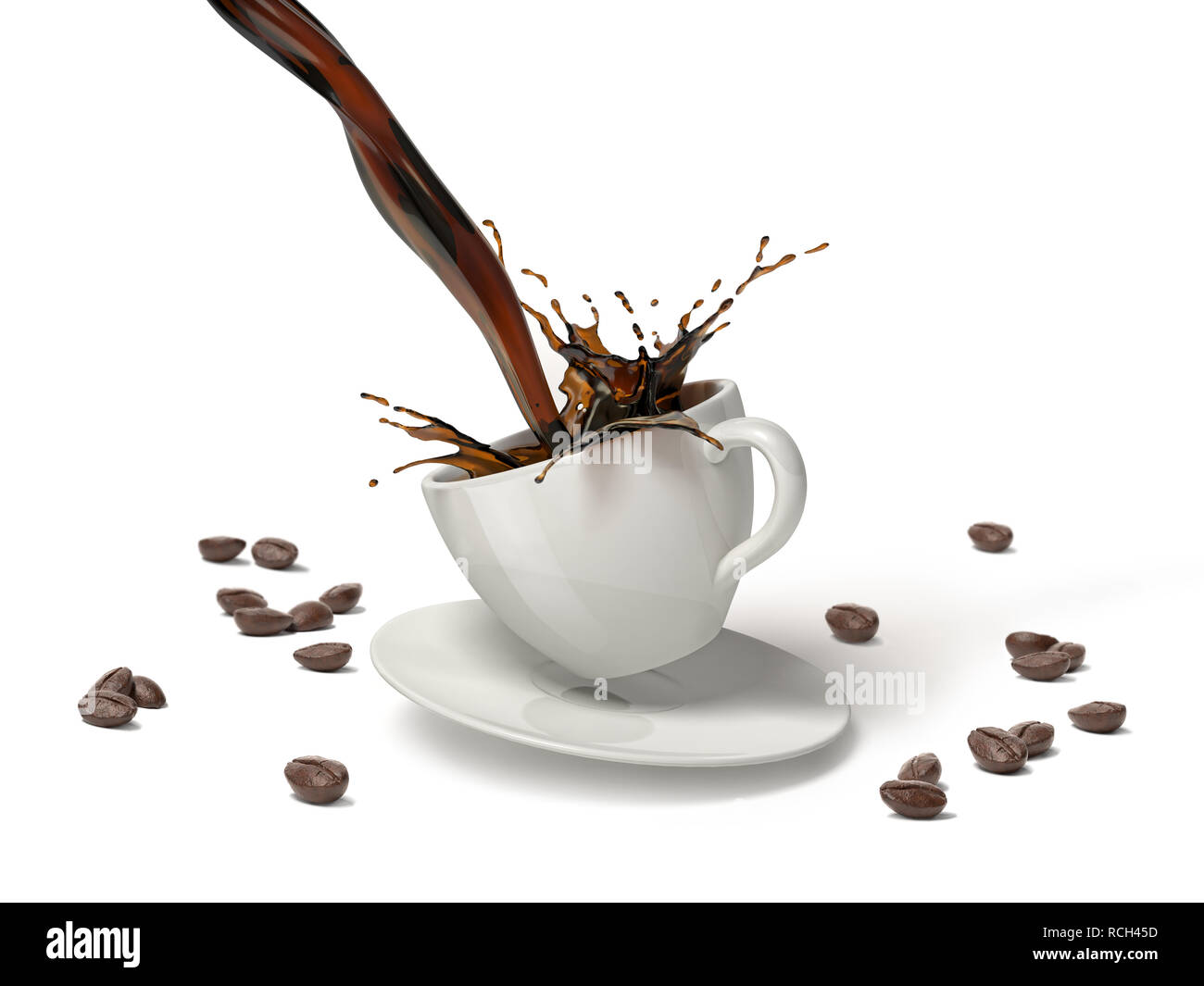 Pouring coffee with splash in white cup jumping on saucer with some ...