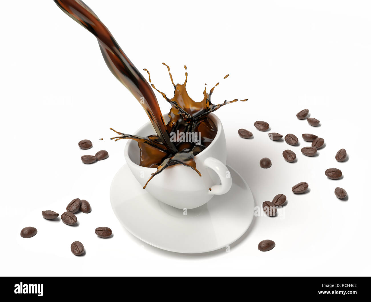 Liquid coffee pour and splash in a white cup on saucer and spoon, With ...