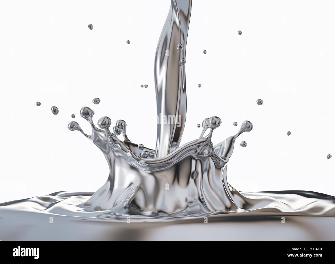 Liquid silver metal pouring with Crown splash and ripples. Side view ...