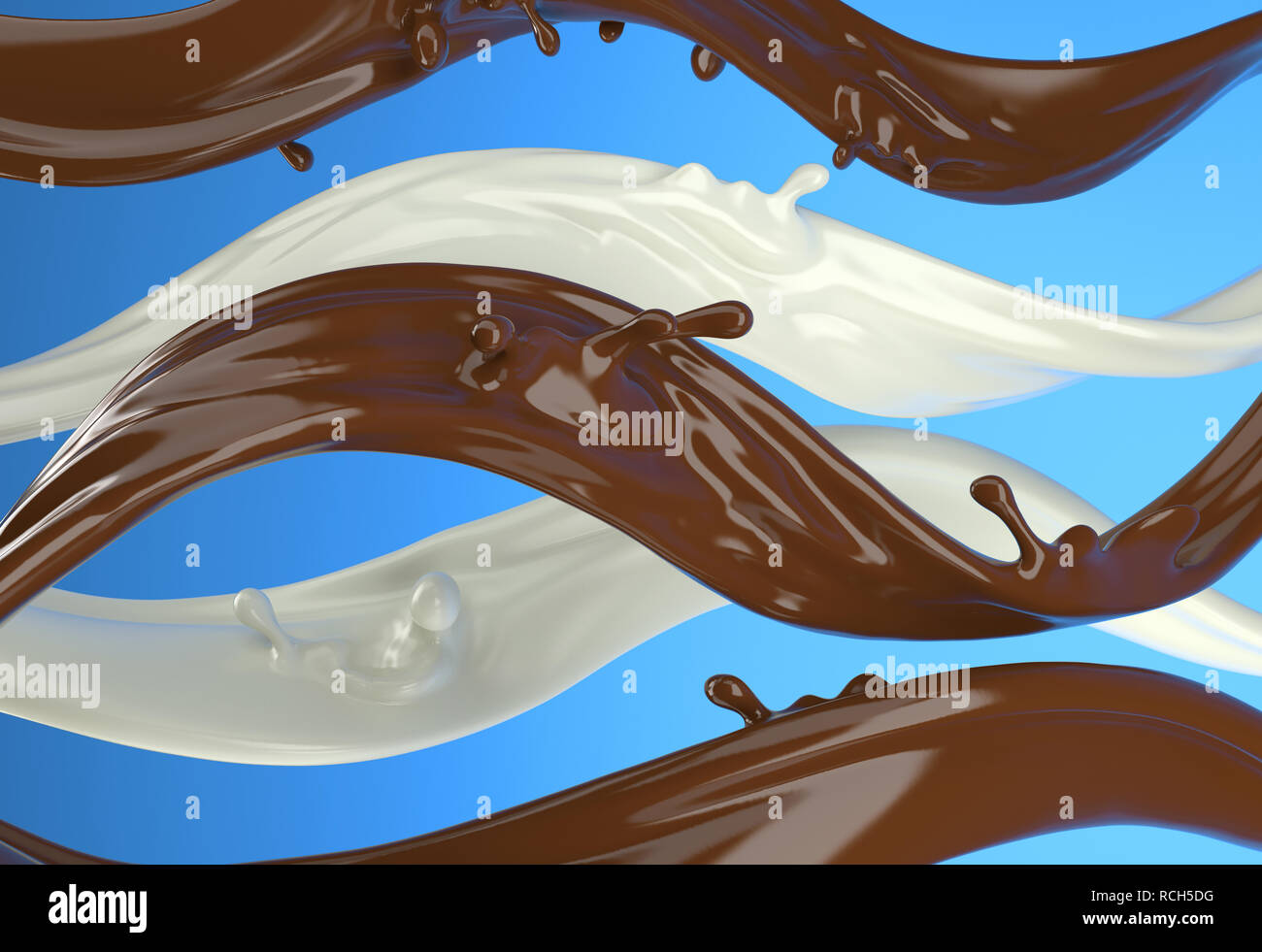 Liquid chocolate and milk waves strips with little splashes. On blue ...