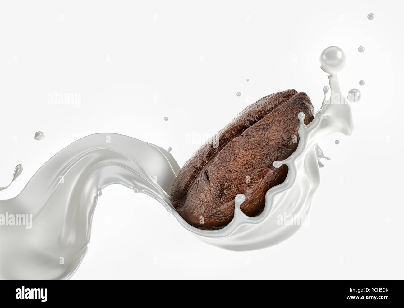 Coffee bean splashing with a milk stream wave isolated on white ...