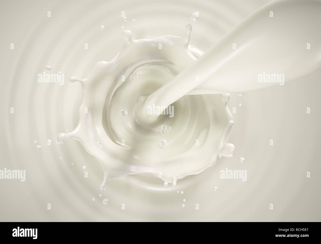 Pouring milk with crown splash in milk pool with ripples. Bird eye view ...