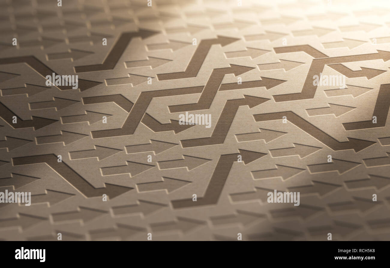 3D illustration of many arrows changing way on kraft paper. Structural ...