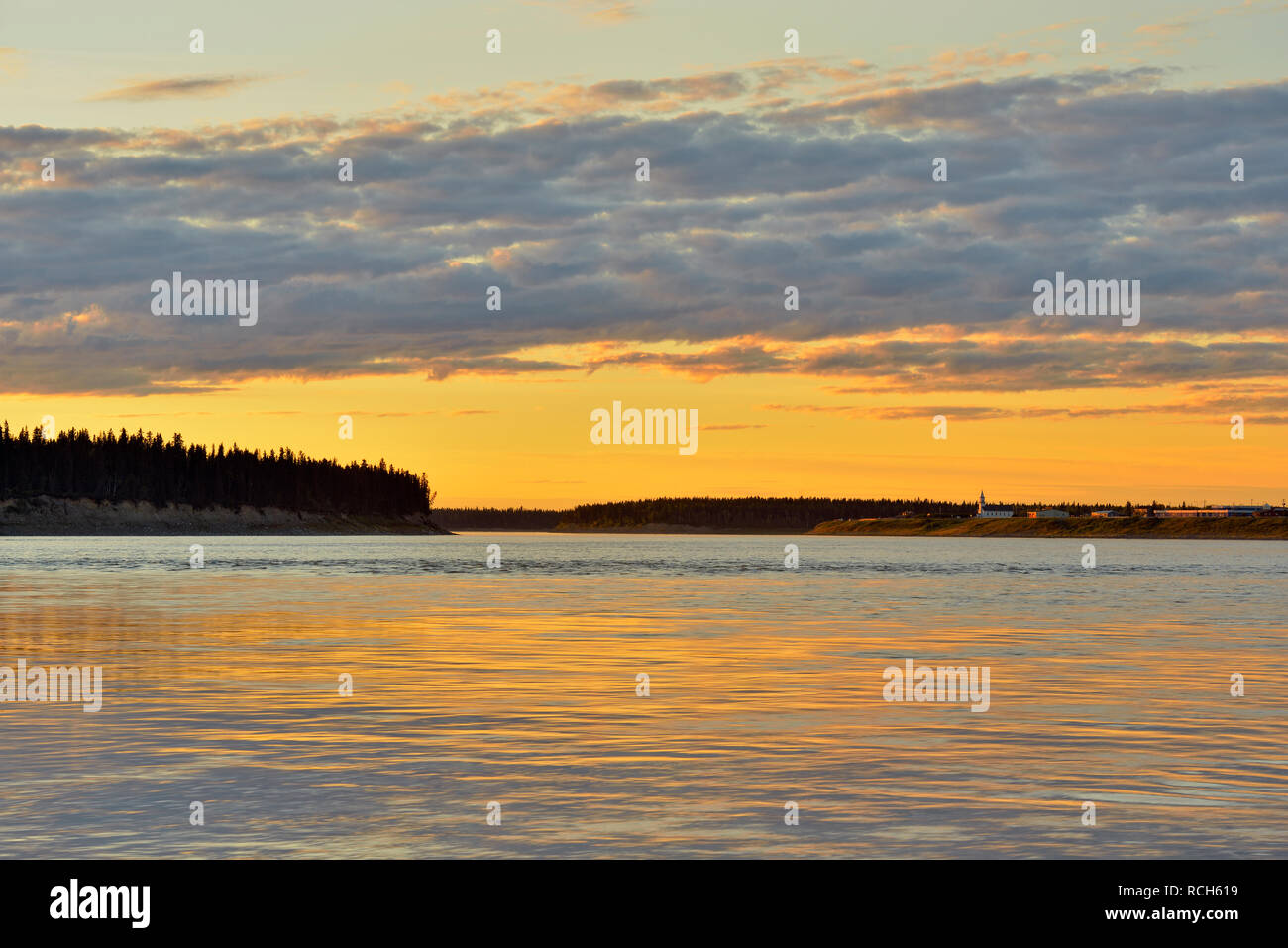 Sunset skies over the Mackenzie River, Fort Providence, Northwest ...