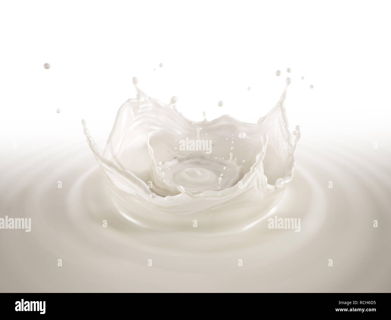 Milk double crown splash, splashing in milk pool with ripples. Bird eye ...