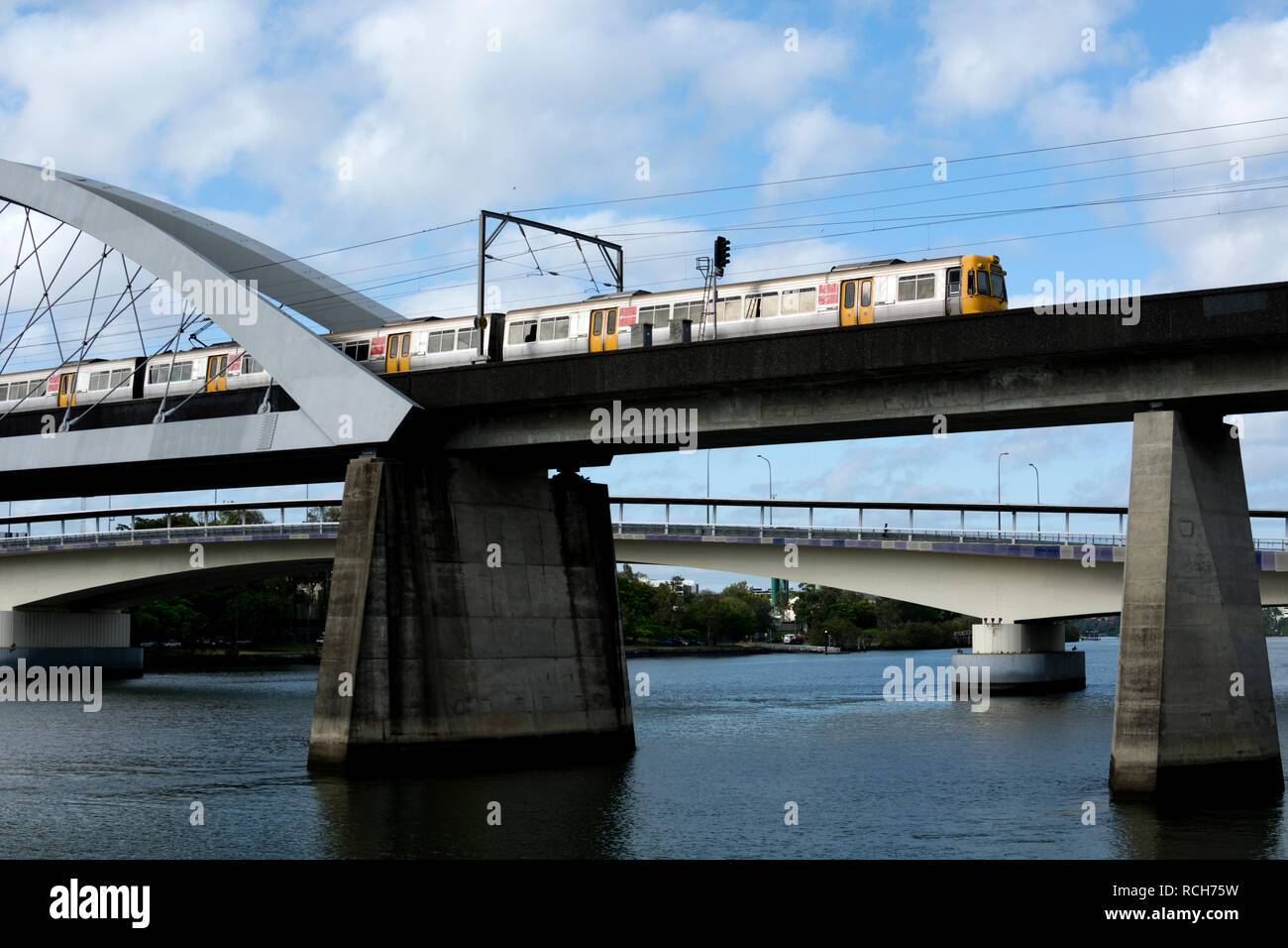 A Queensland Rail train crossing the Merivale Bridge, Brisbane ...