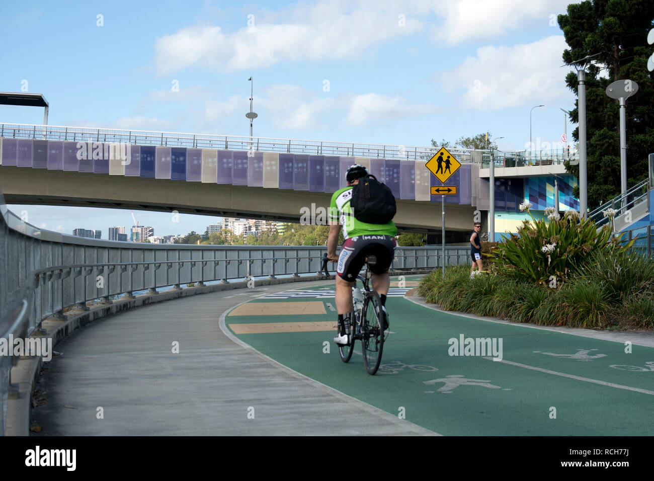A cyclist on the riverside cycleway and walkway, Brisbane, Queensland ...