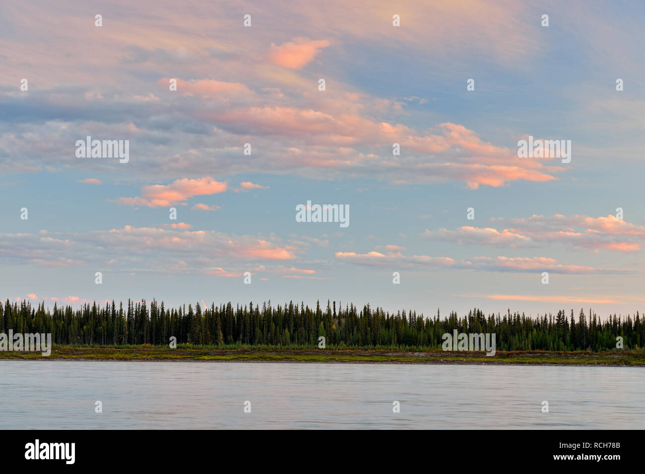 Sunset skies over the Mackenzie River, Fort Providence, Northwest ...