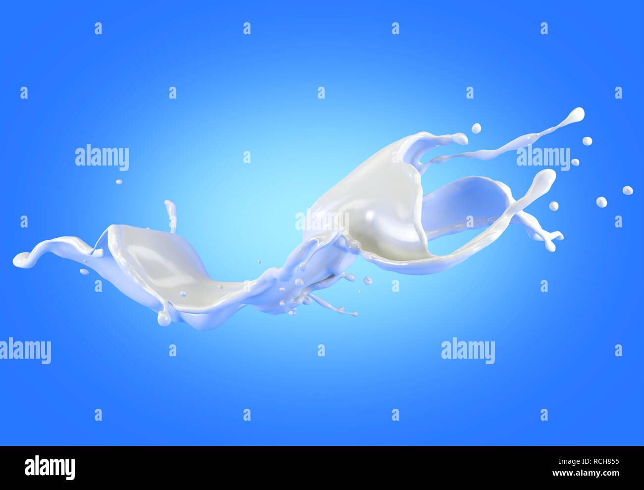 Shot of Milk splash wave in the air isolated on blue background ...