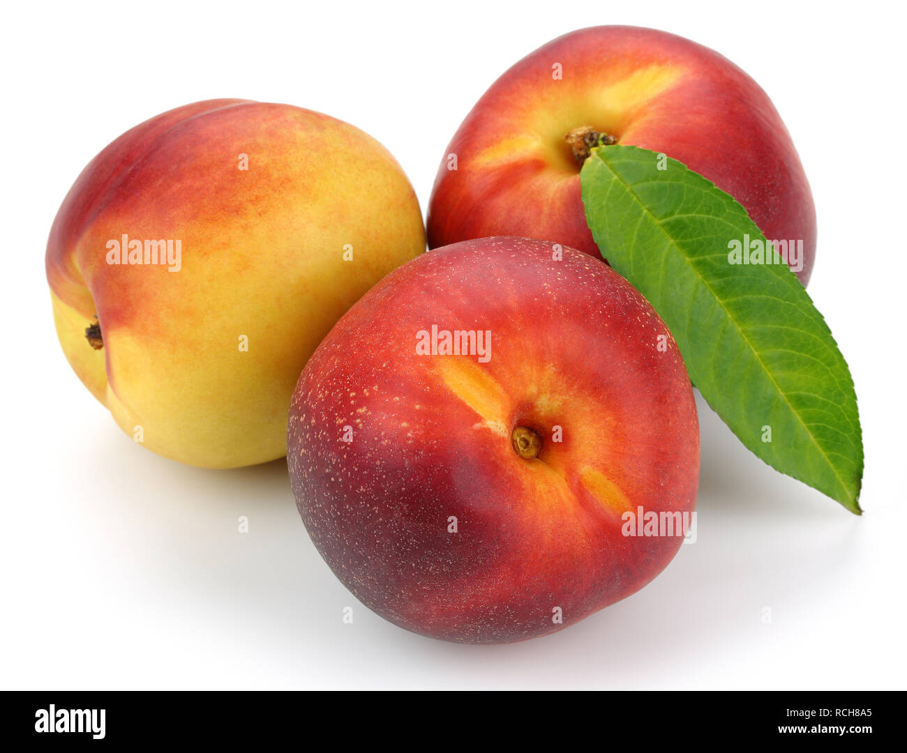 Nectarine peaches with leaf isolated on white background Stock Photo ...