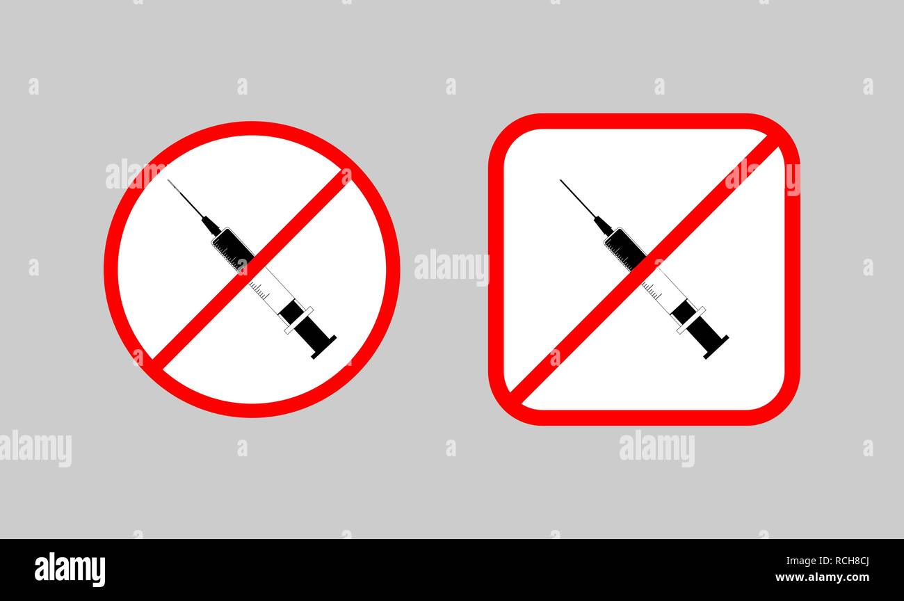 medical syringe is crossed out in a red square and a red circle Stock ...