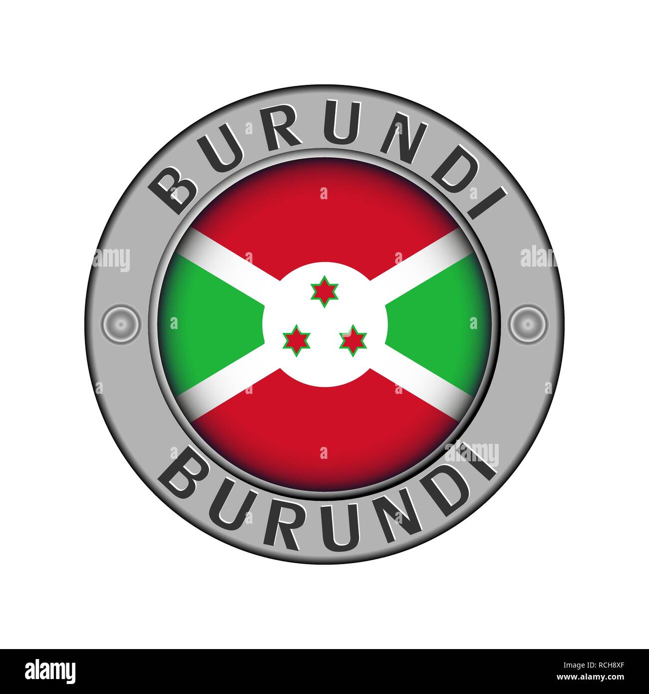 Round metal medallion with the name of the country of Burundi and a ...
