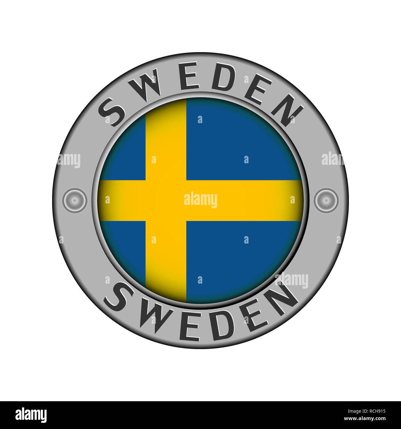 Round metal medallion with the name of the country Sweden and a round ...