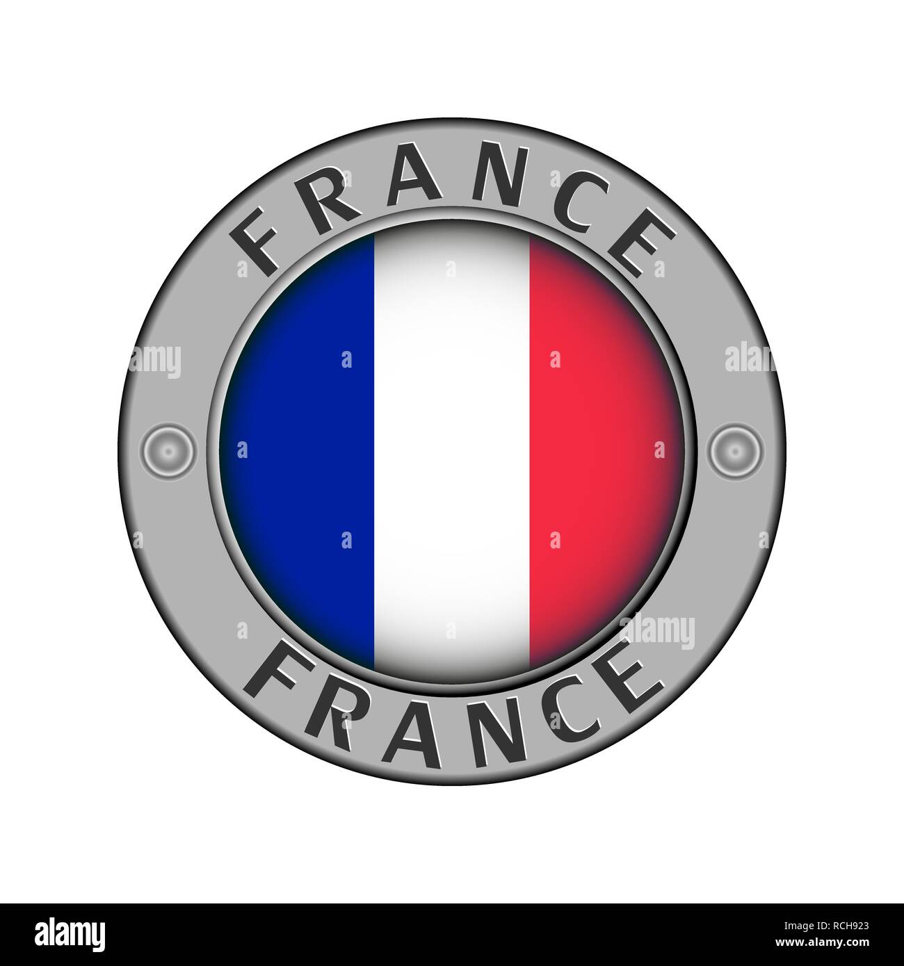Round metal medallion with the name of France and round flag in the ...