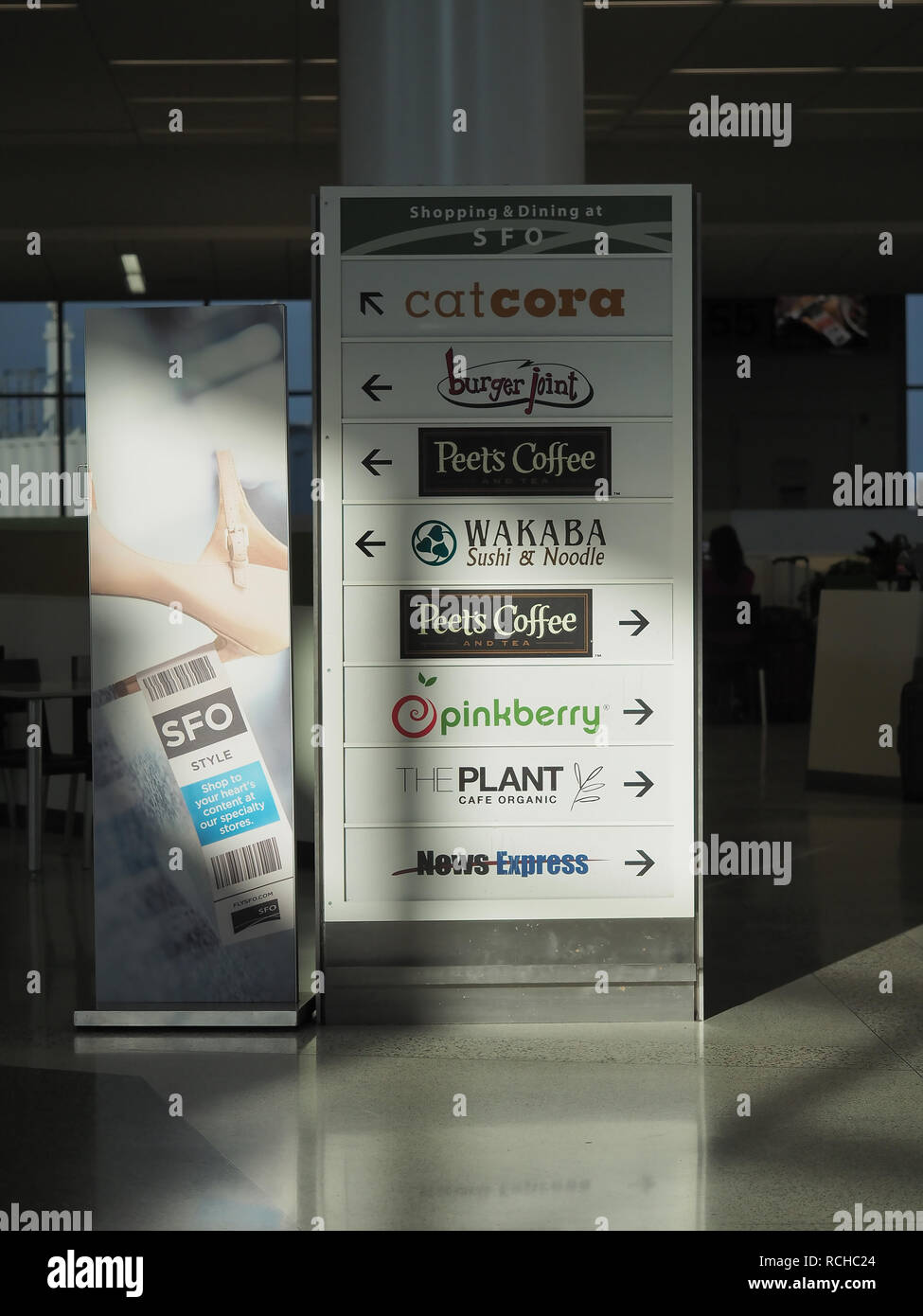 Shopping and dining sign at San Francisco International Airport, August ...