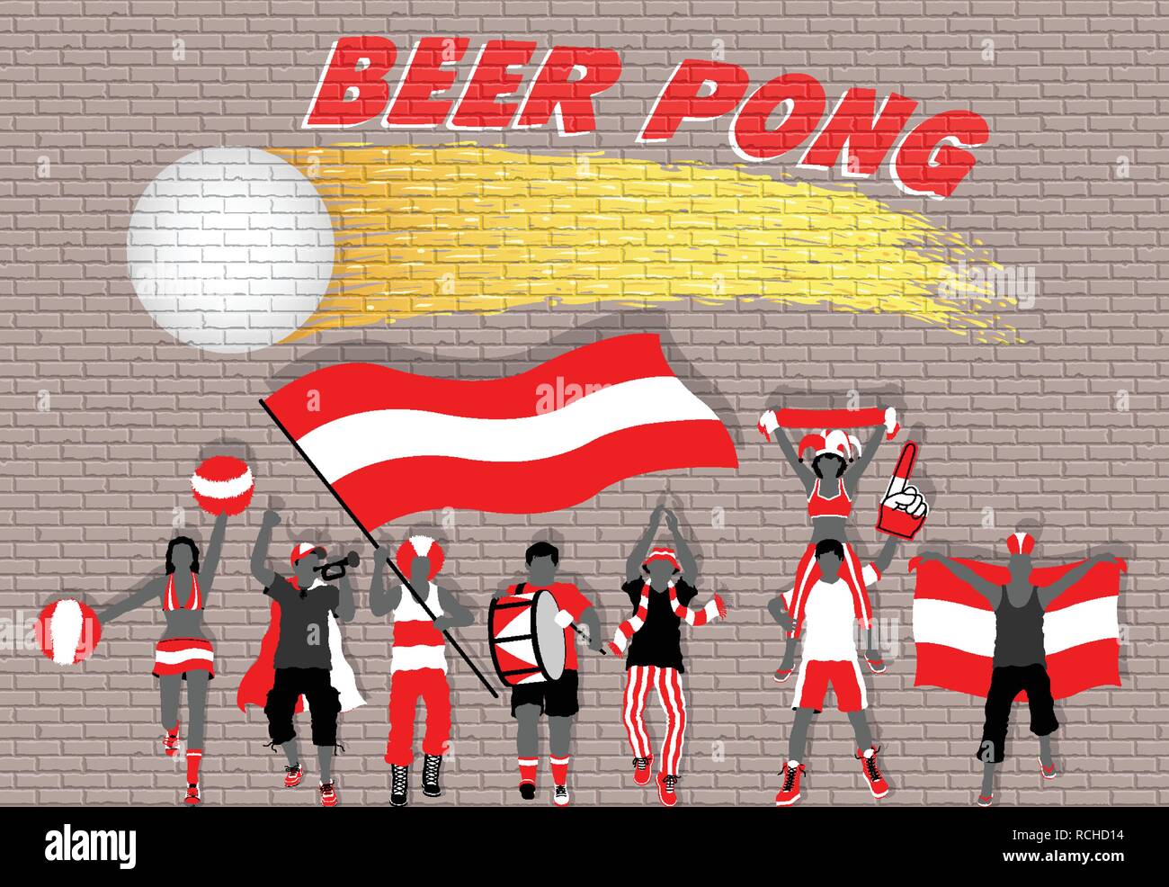 Beer pong party supporters in front of brick wall graffiti. All the ...