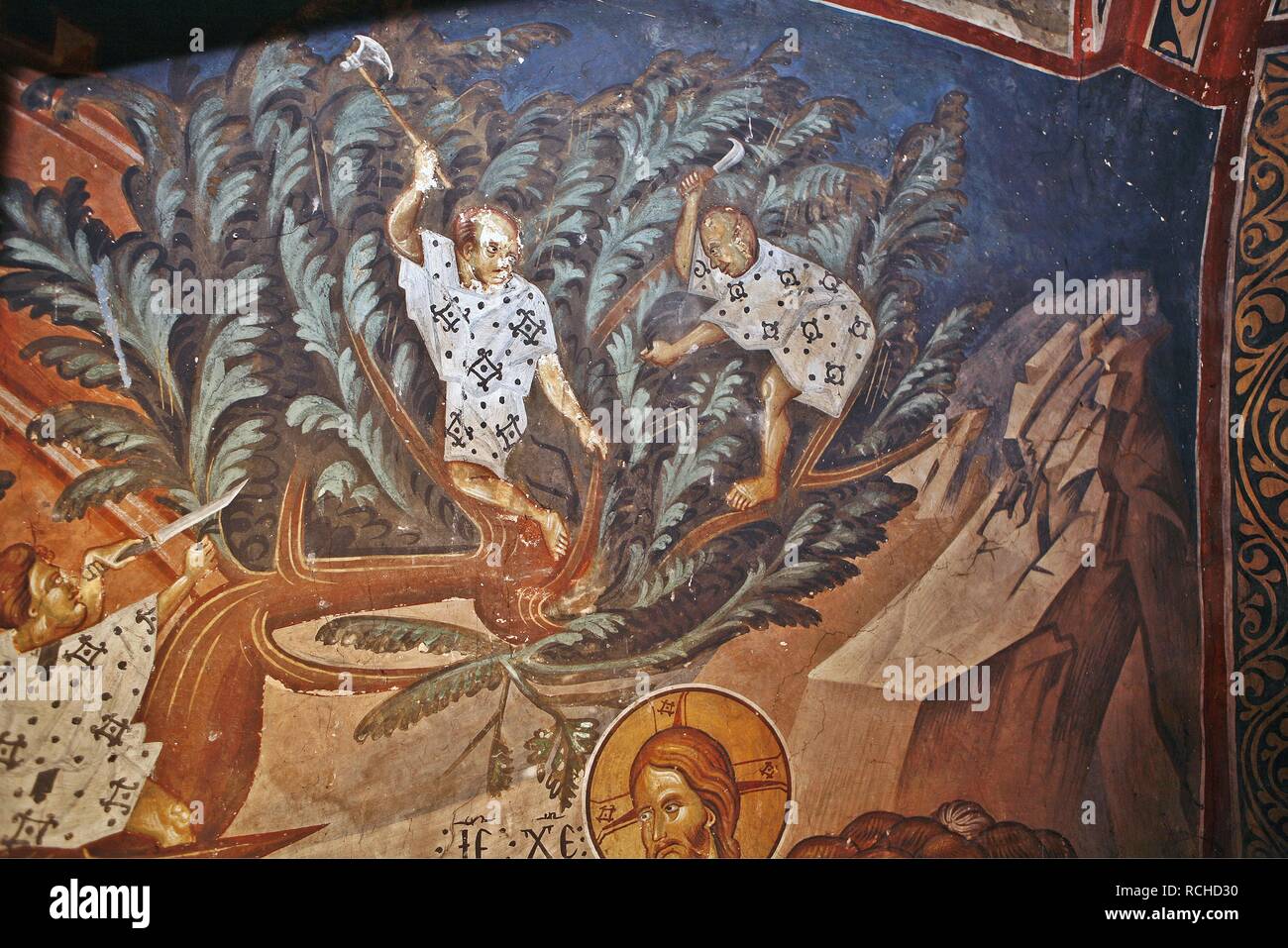 The Entry of Christ into Jerusalem. Detail: Children cutting palm tree ...