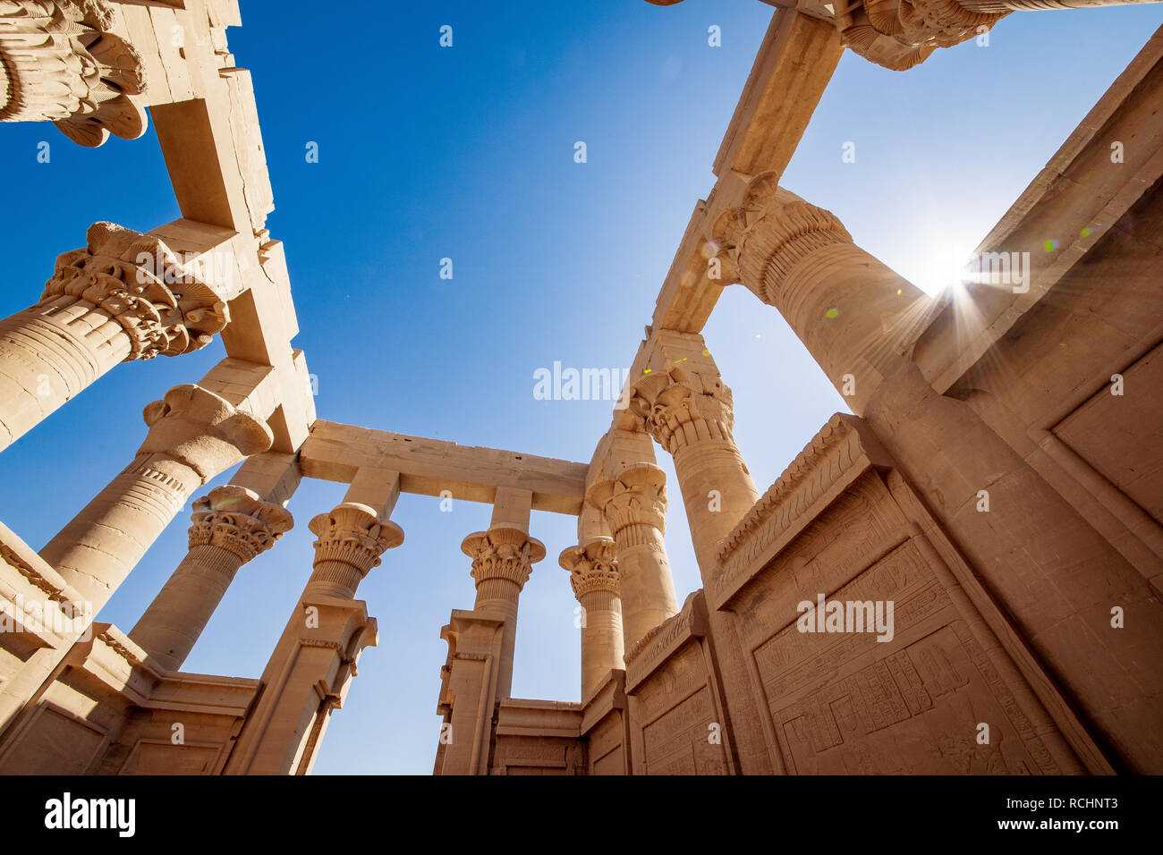 Trajan Kiosk at Philae inside view. Columns decorated with hyeroglyphs ...