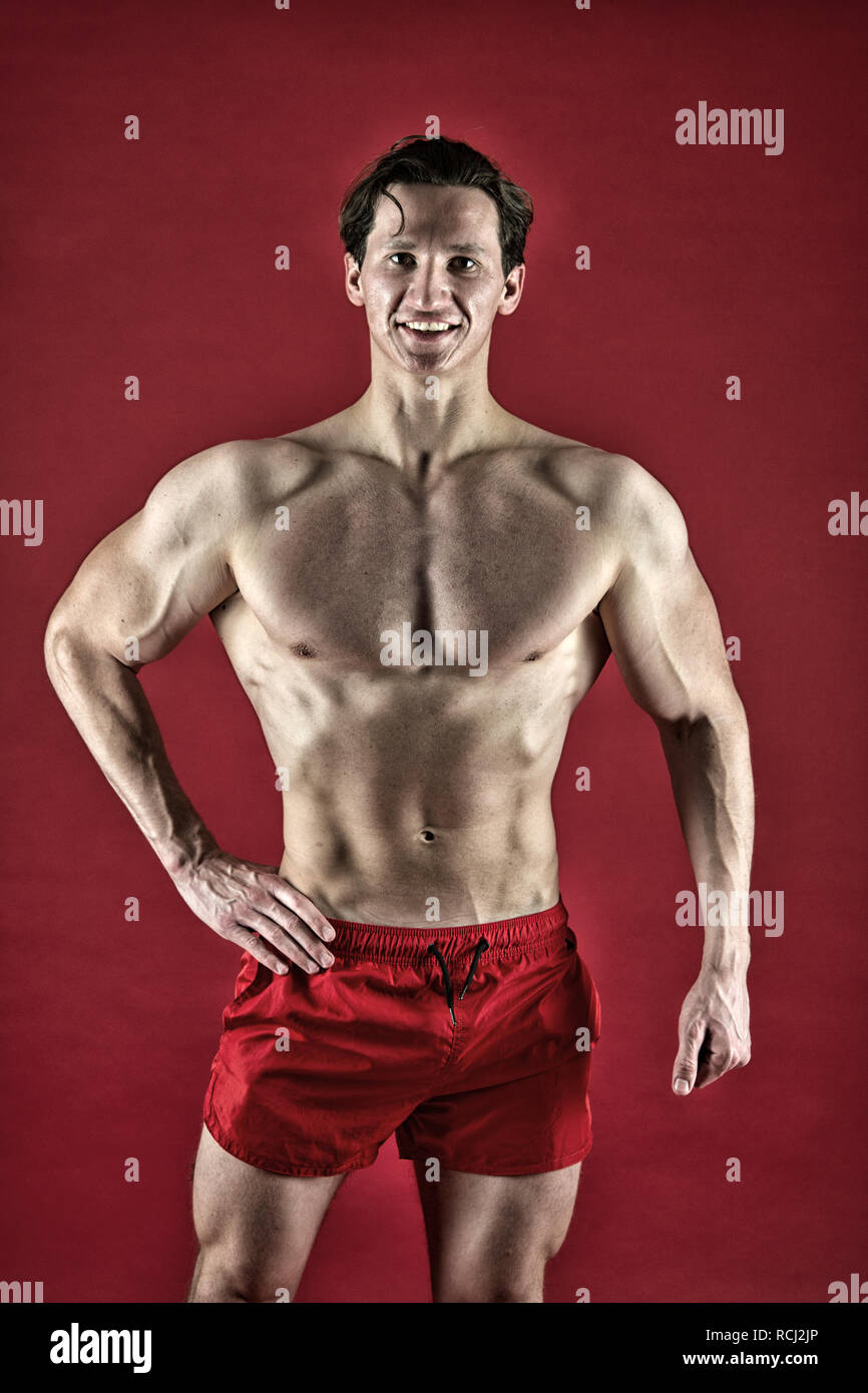 Attractive guy muscular chest. Proud of excellent shape. Man muscular ...