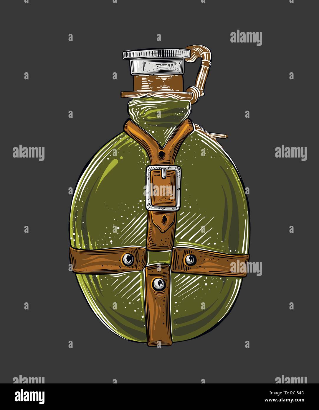 Hand drawn sketch of travel flask in green color isolated on gray ...