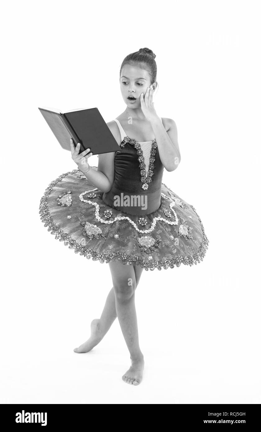 Ballet girl with book. Small girl study and train, education. Small ...