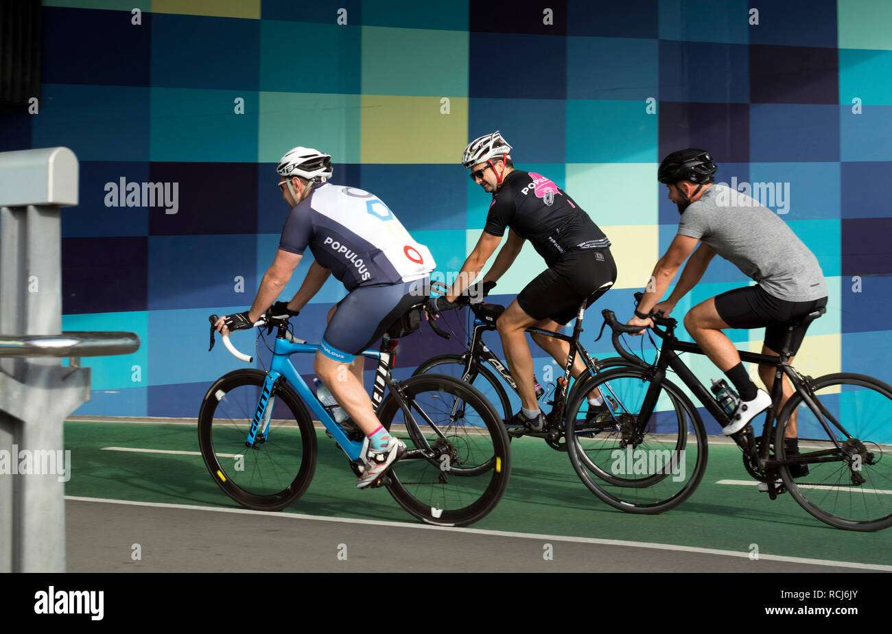 Cyclists on the riverside cycleway and walkway, Brisbane, Queensland ...