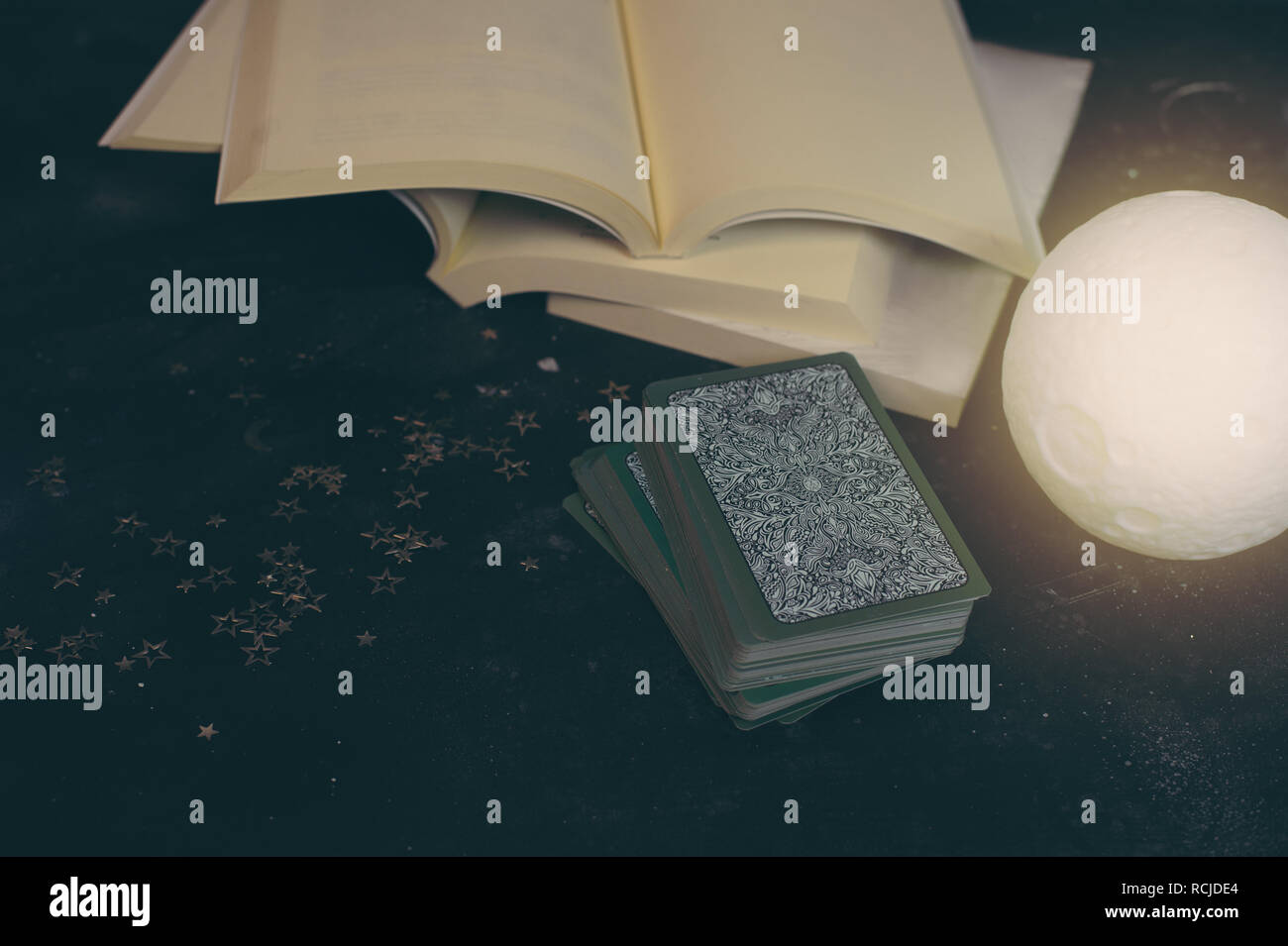 Tarot cards on fortune teller desk table. Future reading Stock Photo ...