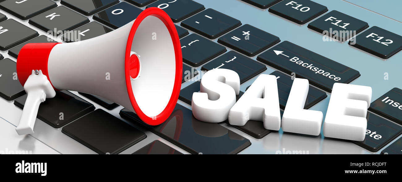 Sale concept. Text sale, big letters, and megaphone on computer laptop ...