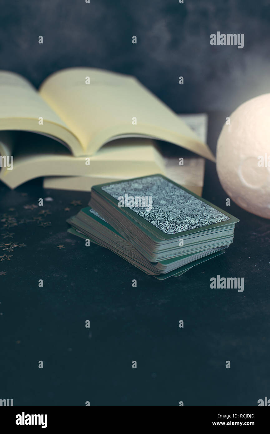 Tarot cards on fortune teller desk table. Future reading Stock Photo ...