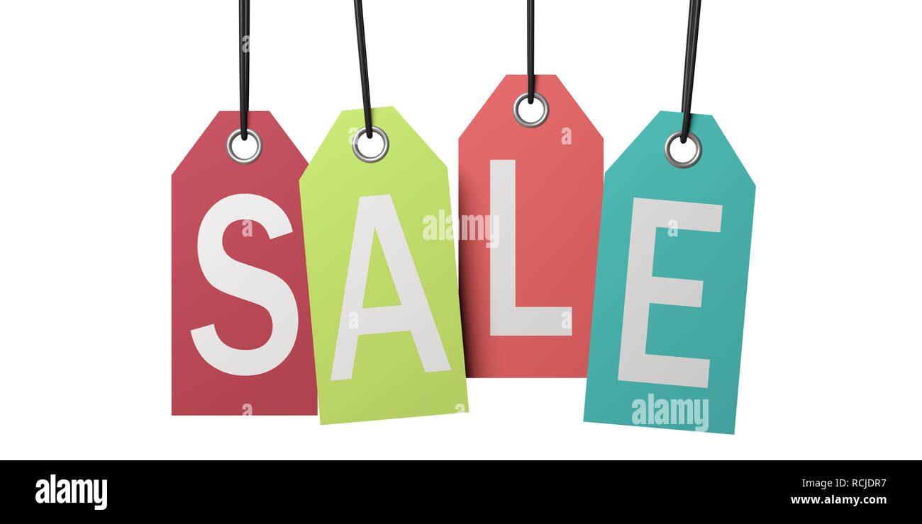 Sale tags. Text sale letters on colorful paper labels isolated cutout ...