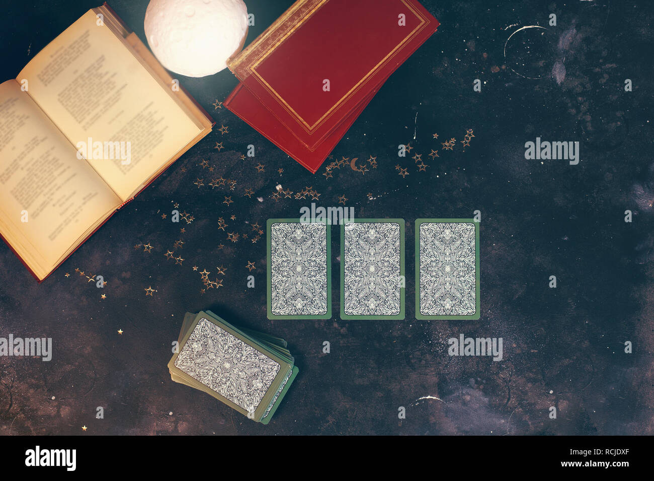 Tarot cards on fortune teller desk table. Future reading Stock Photo ...