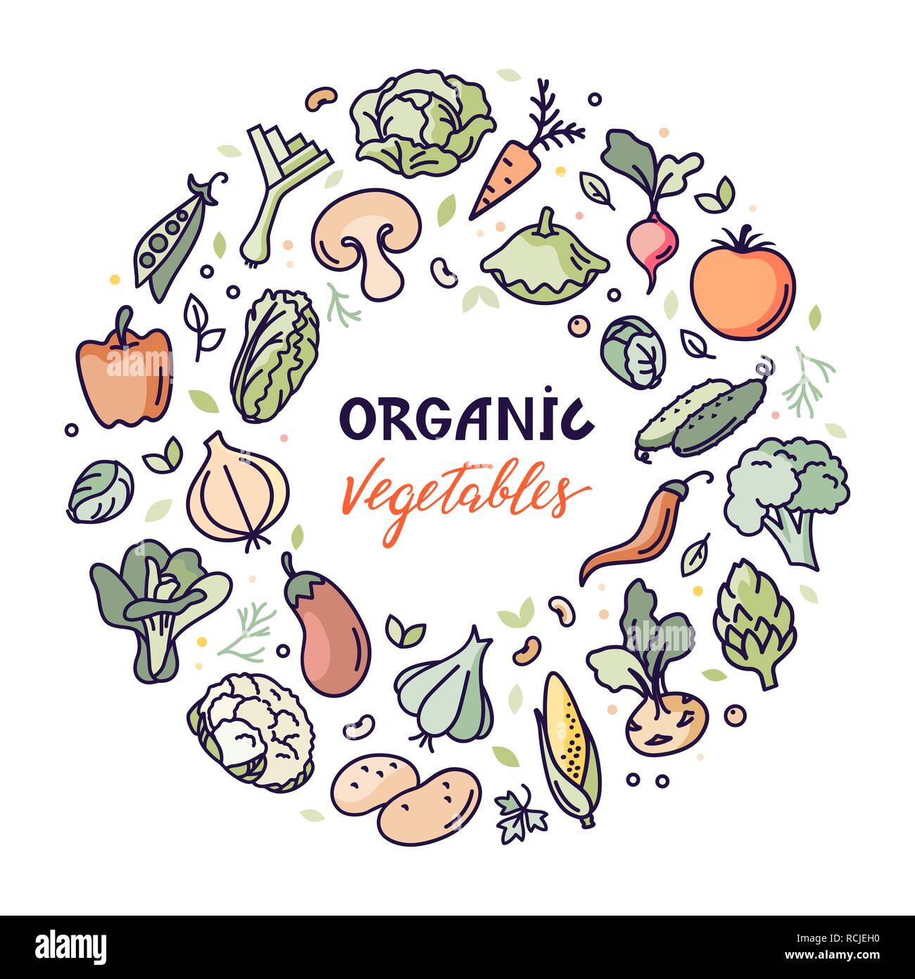 Organic farm vector concept with vegetables and custom typography ...