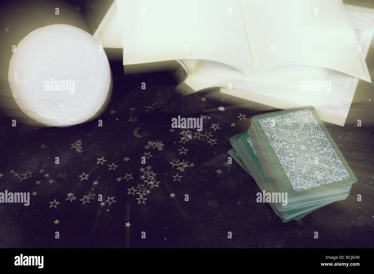 Tarot cards on fortune teller desk table. Future reading Stock Photo ...