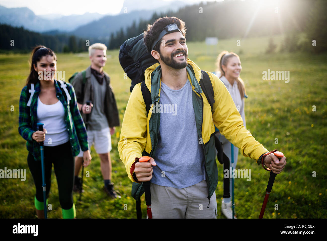 Adventure, travel, tourism, hike and people concept - group of smiling ...