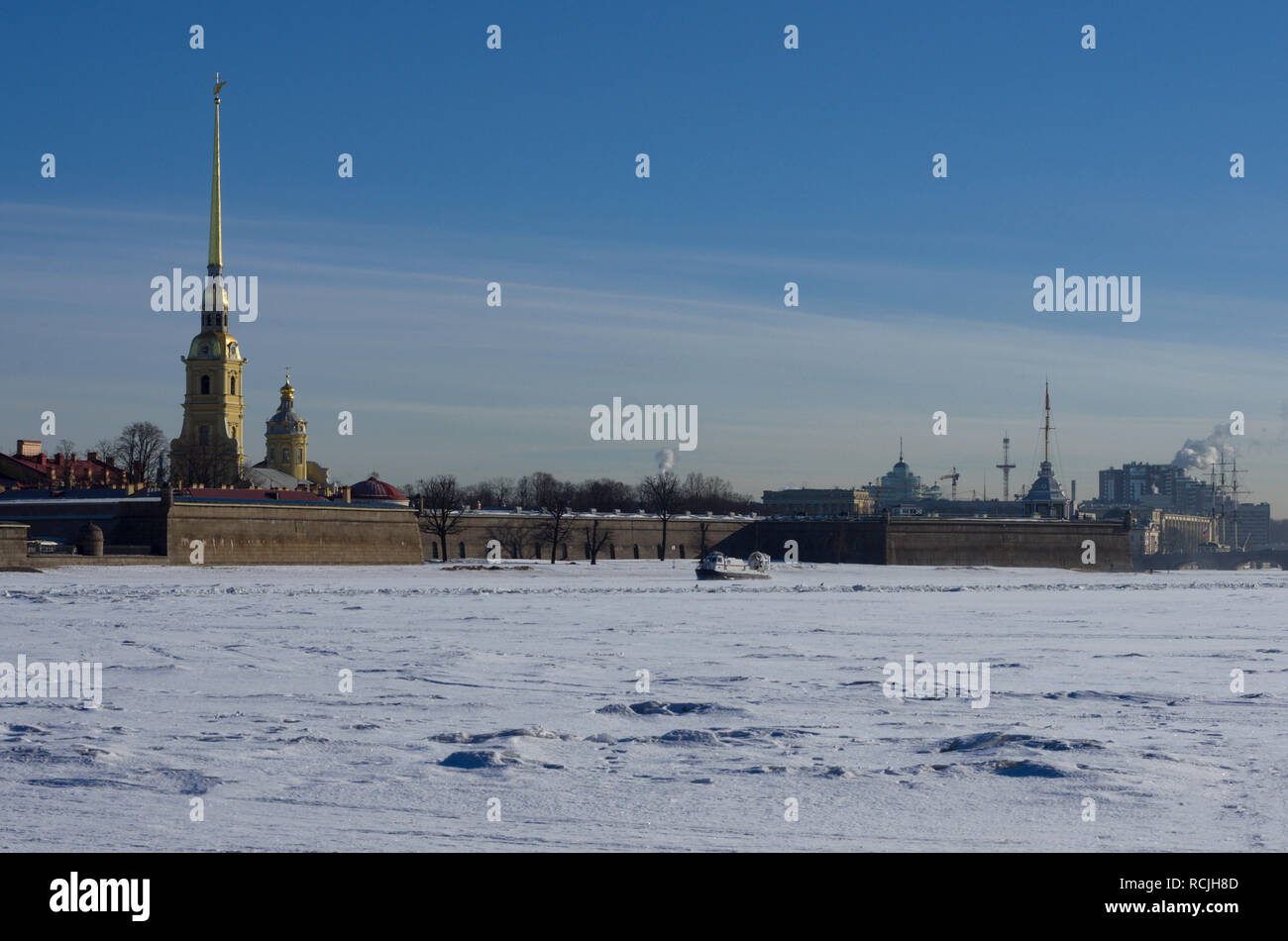 On the frozen Neva river patrol hovercraft Emercom and Peter and Paul ...