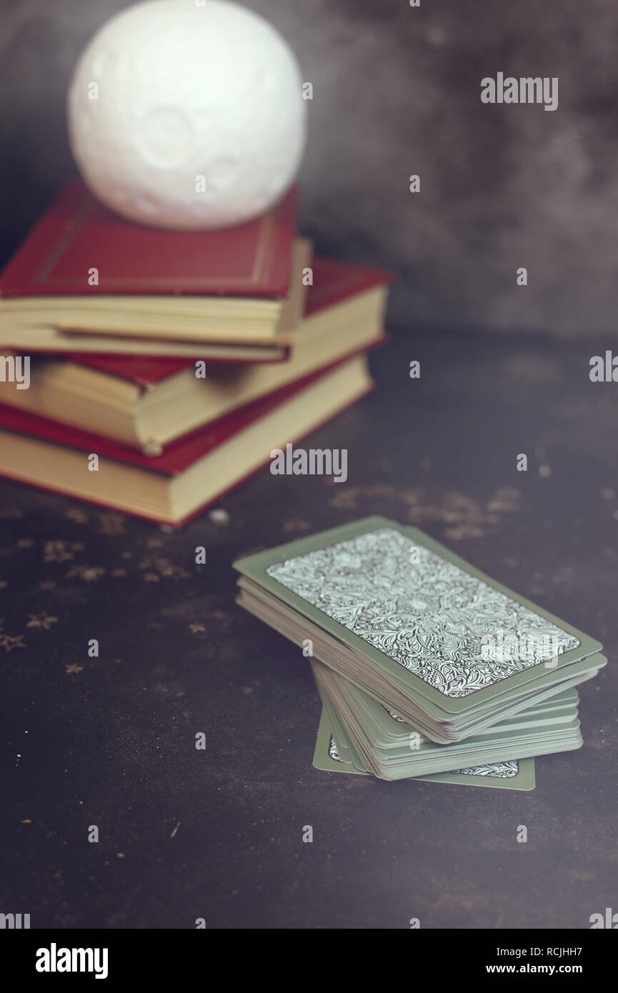 Tarot cards on fortune teller desk table. Future reading Stock Photo ...