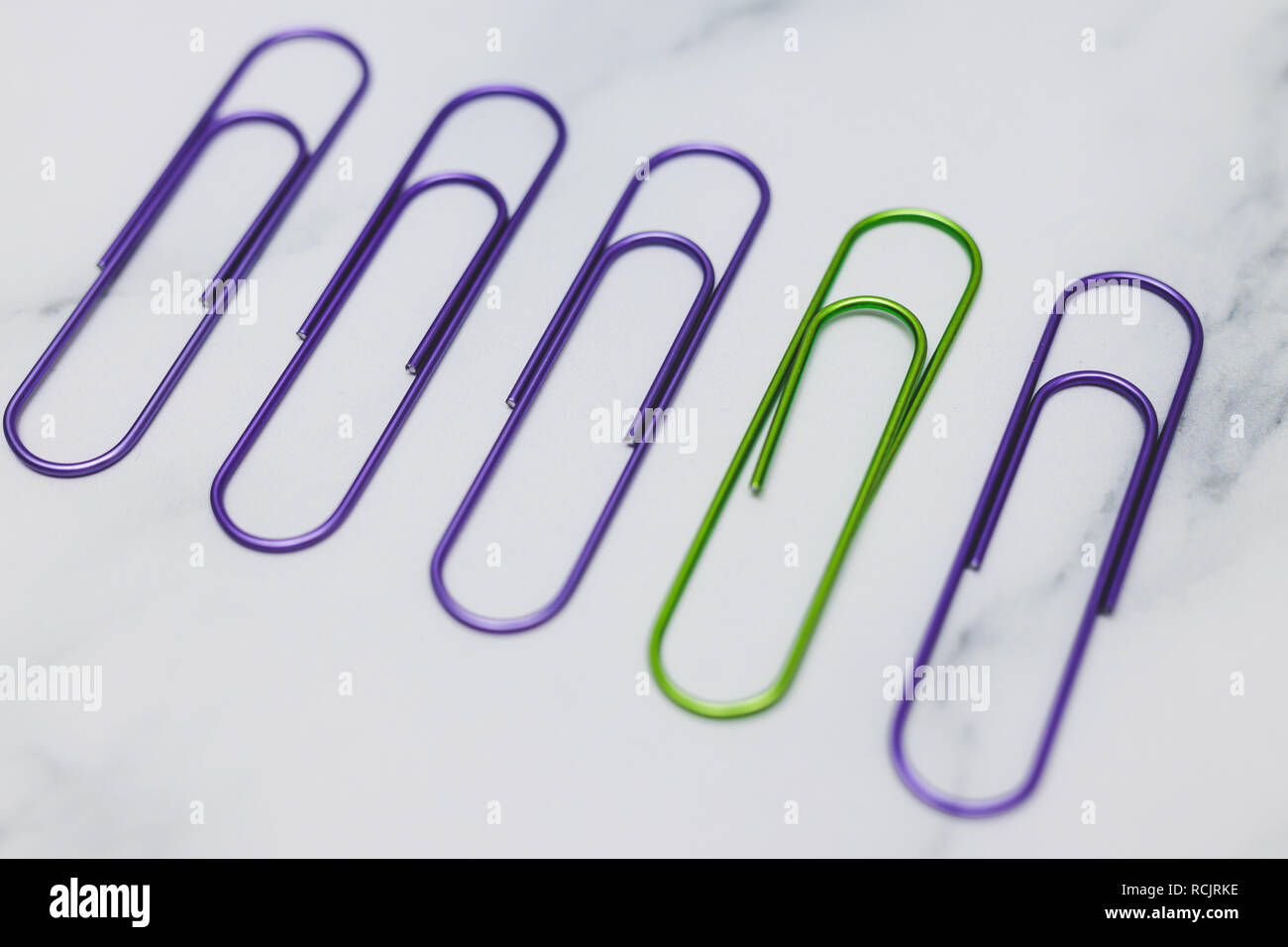 flatlay of purple paper clips on marble surface and one unique green ...