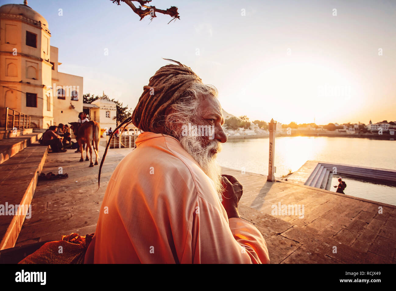 Pushkar city in Rajasthan, India, February 15, 2018: Holy Sadhu Baba ...
