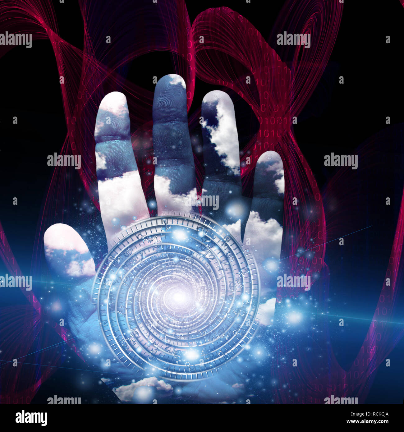 Hand with time vortex. Swirls of light with binary code Stock Photo - Alamy
