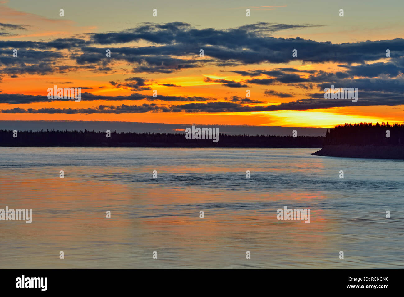 Sunset skies over the Mackenzie River, Fort Providence, Northwest ...
