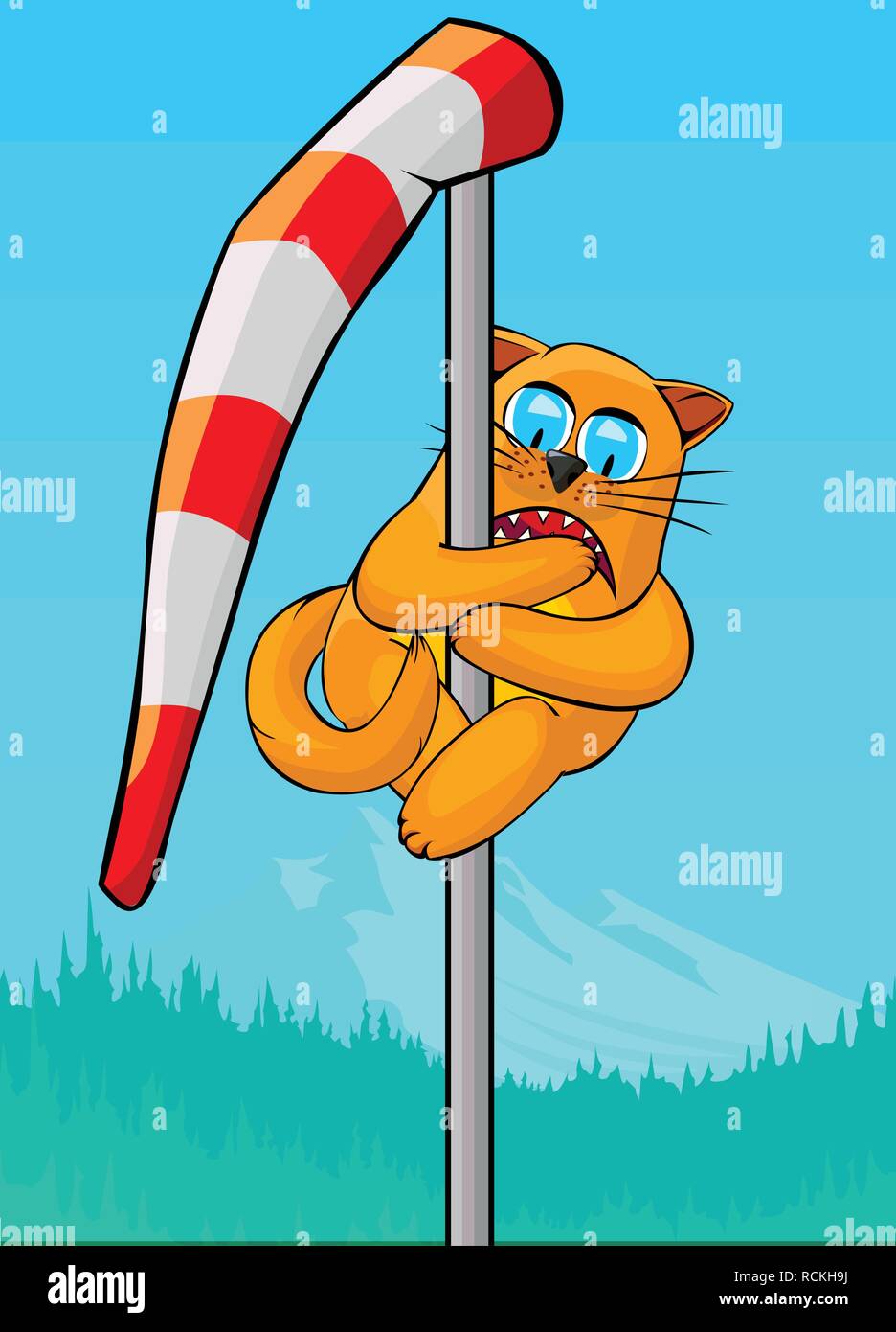 Red cat climbed on a windsock. In the background are visible mountains ...