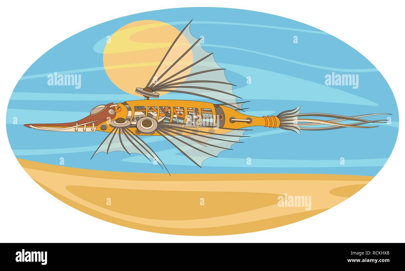 Fantastic flying and floating mechanism with wings, resembling a fish ...